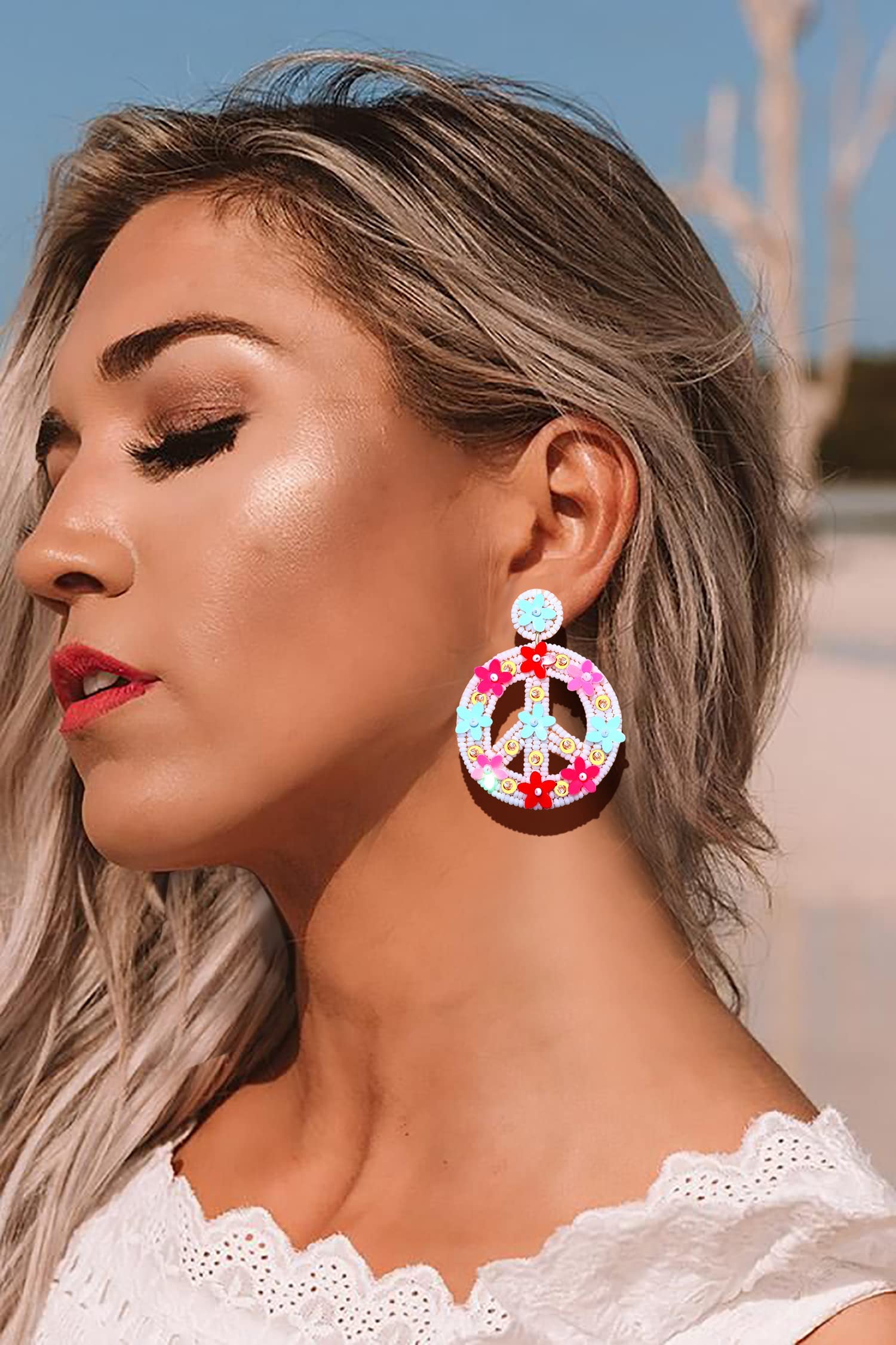 Beaded Dangle Earrings for Women Dangling Flower Hoop Earrings Peace Sign Drop Earrings Statement Handmade Boho Fashion Spring Summer Earring Studs Jewelry Gifts