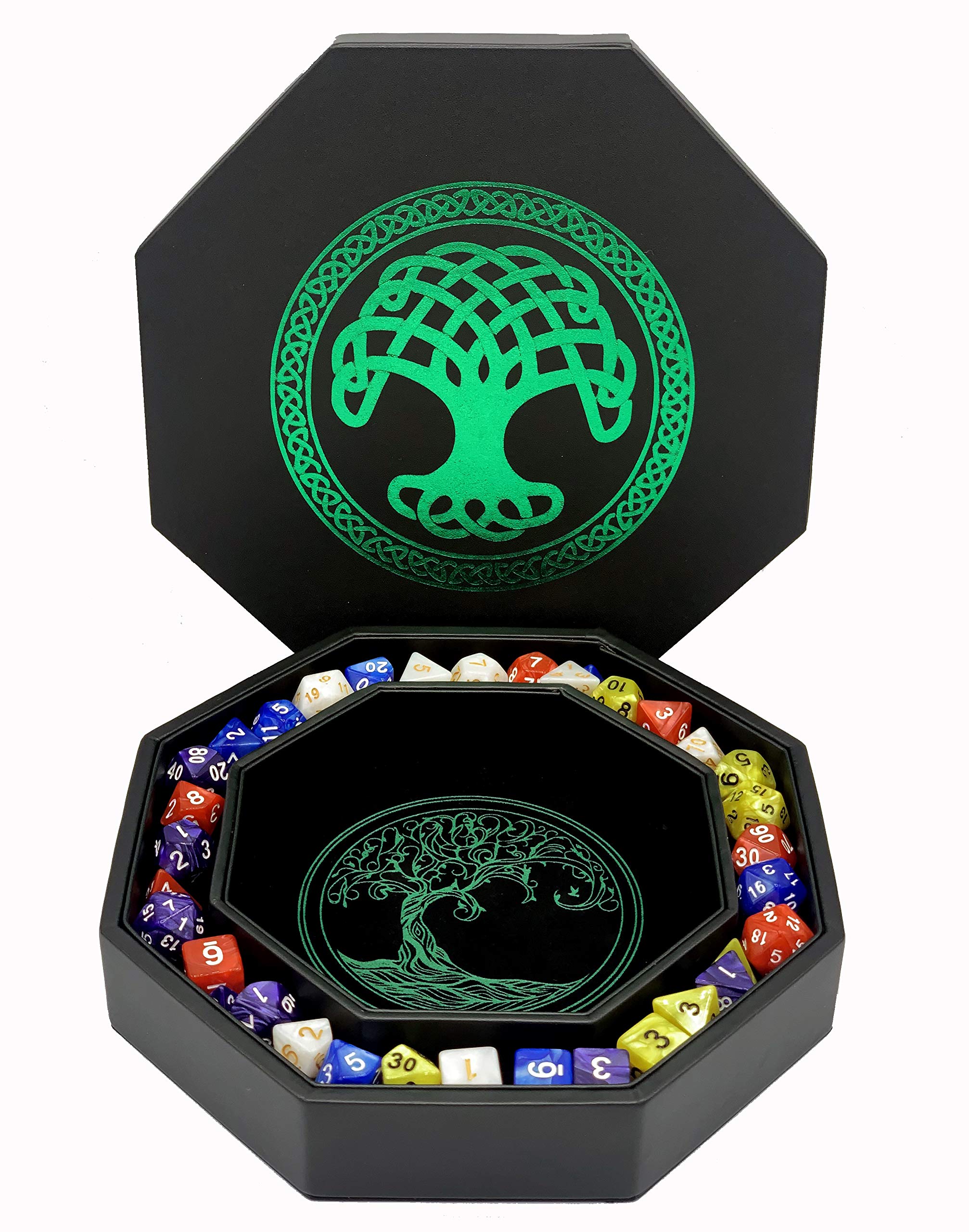Luck Lab 8 Inch Dice Tray – Green - with Lid and Dice Staging Area for RPG Table Top Gaming- Tree of Life Design