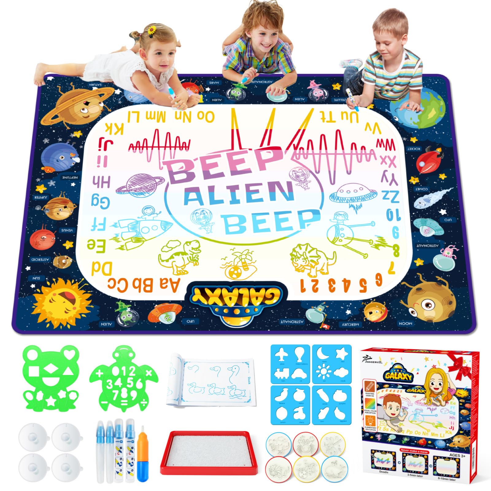 Jasonwell Aqua Water Doodle Mat 48 x 36 Inches Large Magic Drawing Doodling Mat Coloring Mat Educational Toys Christmas Birthday Gifts for Kids Toddler Boys Girls Age 2 3 4 5 6 7 8 Year Old (Galaxy)