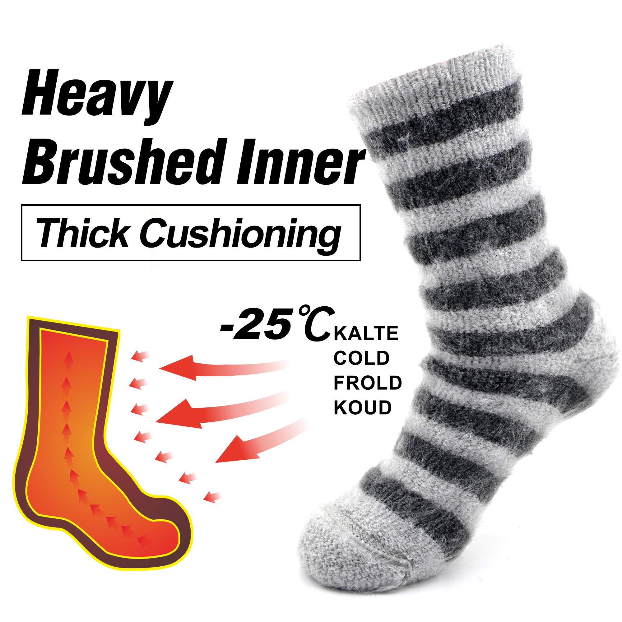 Busy Socks Winter Warm Thermal Socks for Men Women Extra Thick Insulated Heated Crew Boot Socks for Extreme Cold Weather, Large, 1 Pair Light Grey Striped