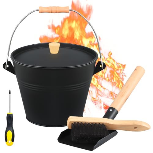 FEED GARDEN 1.5 Gallon Mini Ash Bucket with Lid,Shovel,Broom and Screwdriver,Iron Metal Bucket,Pellet Charcoal Bucket Ash Can for Fireplace Fire Pits,Hearth,Wood Stoves,Indoor Outdoor,Black
