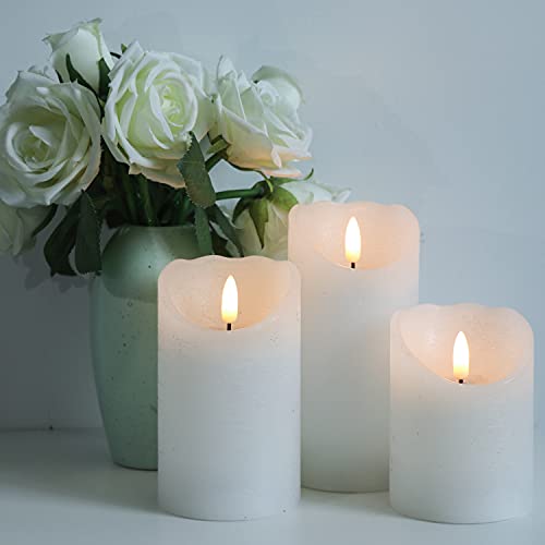 Eldnacele Flameless Flickering Candles with Remote Timer, 3D Wick Real Wax Battery Operated White Pillar Candles with Remote Set of 3 for Home Wedding Party Christmas Decoration (D3β x H4β5β6β)
