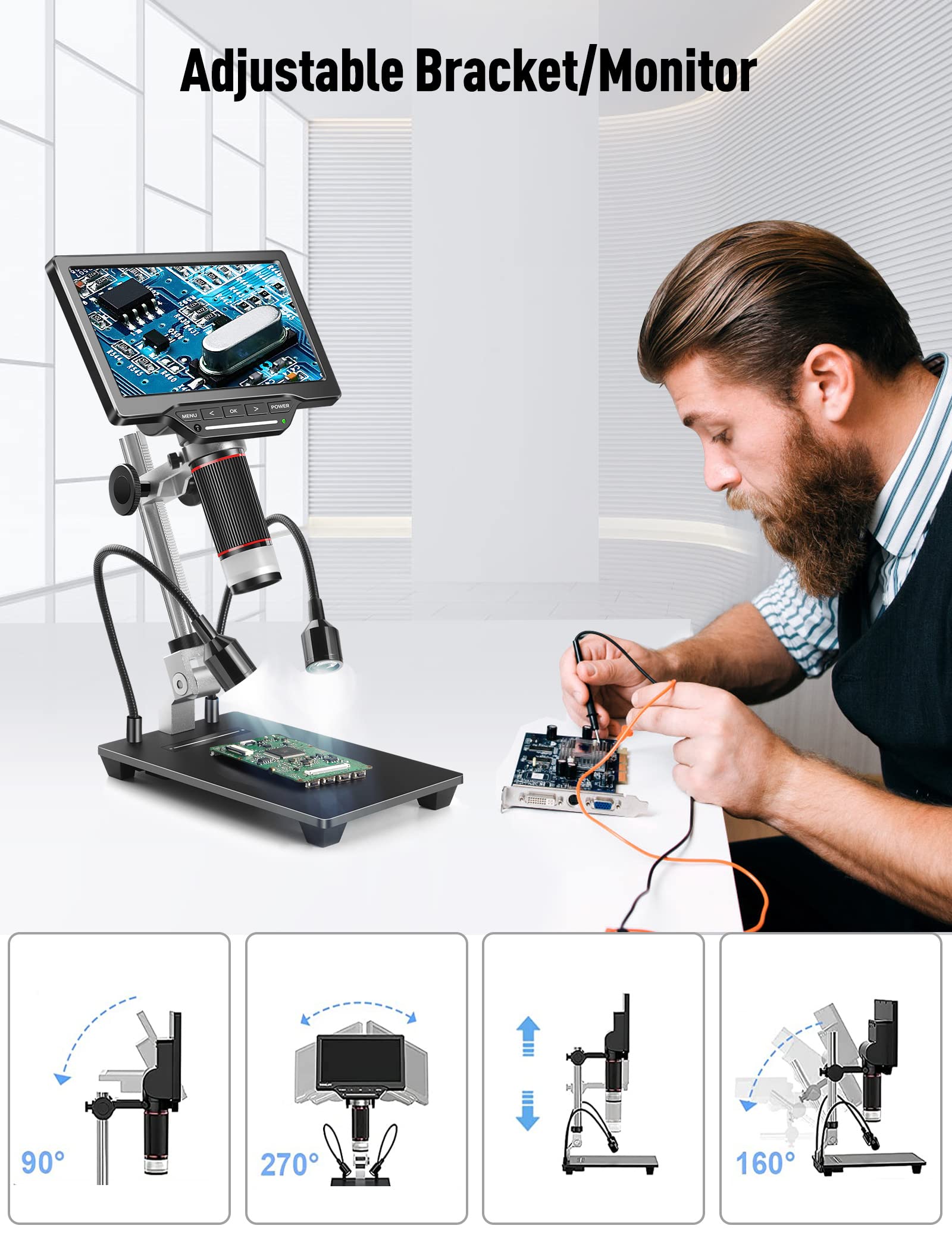 Dcorn Digital Microscope – 7 inch HDMI LCD Coin Microscope with 4.7 inch Extension Tube – 1300X 16MP Soldering Microscope Camera – Microscope for Adults with Touch Control LED Lights, (HDMI 7 INCH)