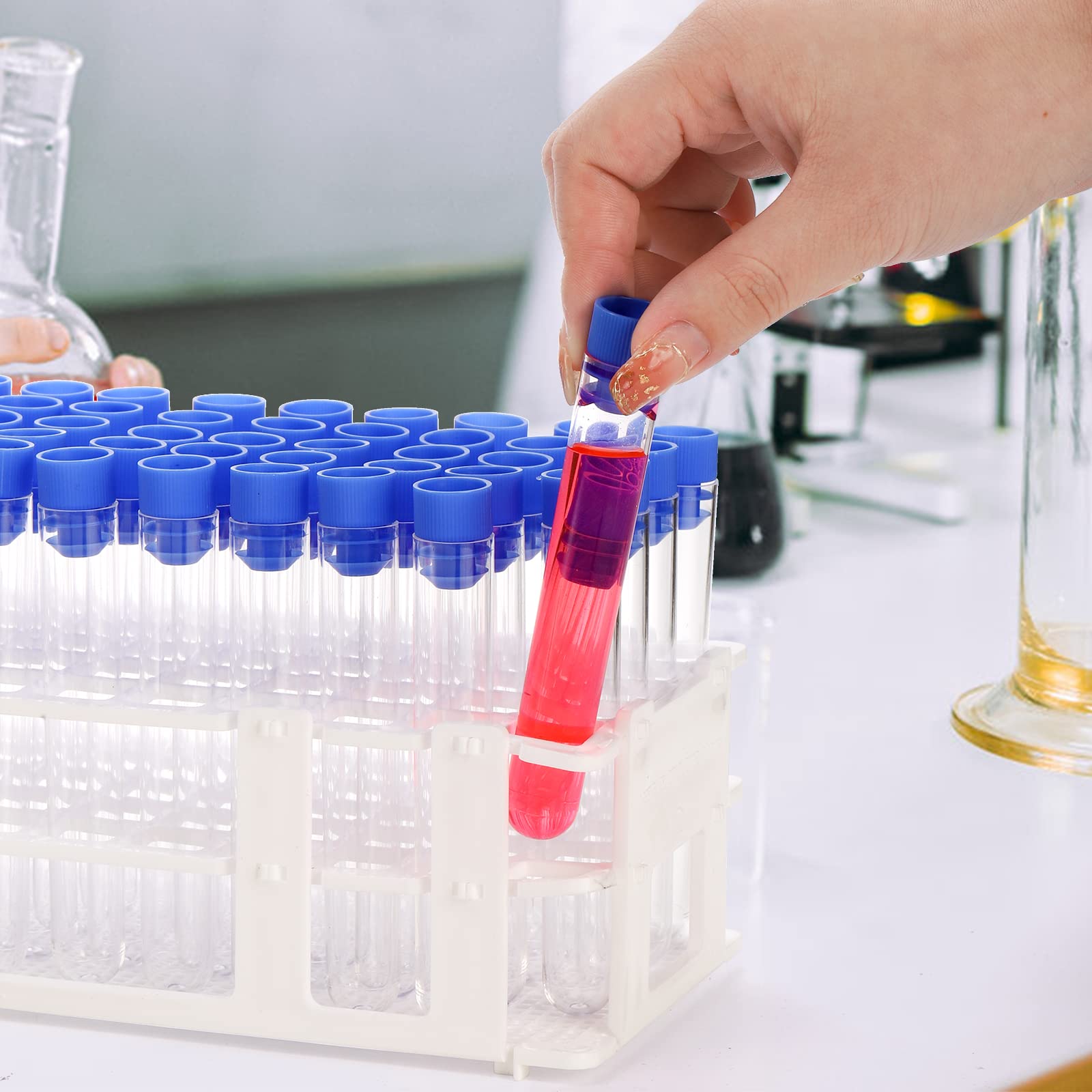 Coloch 200 Pack 10ML Plastic Test Tubes with Blue Caps, 16x100mm Clear Vials Container Sample Tubes for Scientific Experiments, Seed, Beads, Powder,Spice, Liquid, Party Supplies