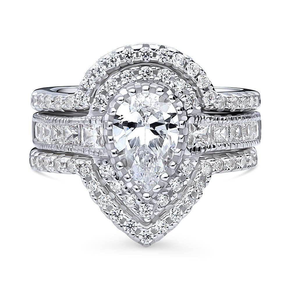 BERRICLE Sterling Silver Halo Wedding Engagement Rings Pear Cut Cubic Zirconia CZ Milgrain Ring Set for Women, Rhodium Plated Size 8