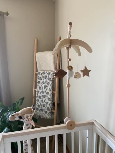 Crib Mobile, Wooden Moon & Star W/ Mounting Arm Bed Bell, Brown/White, 100.0 Count