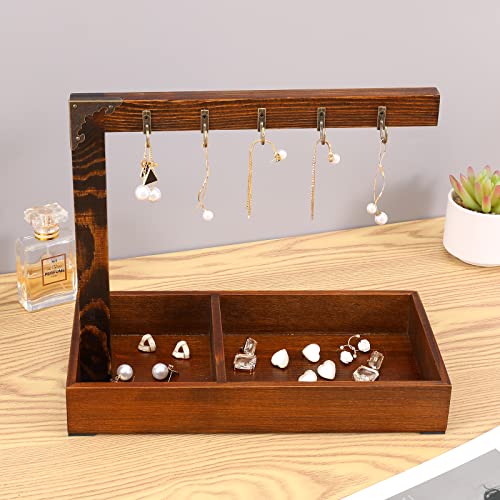 Entryway Hanging Key Holder with 5 Hooks for Desk Tabletop,Solid Wood Jewelry Storage Tray,Home Decorative Key Rack Organizer,L11.8''*W5.9''*H9.8ββ, Black Walnut