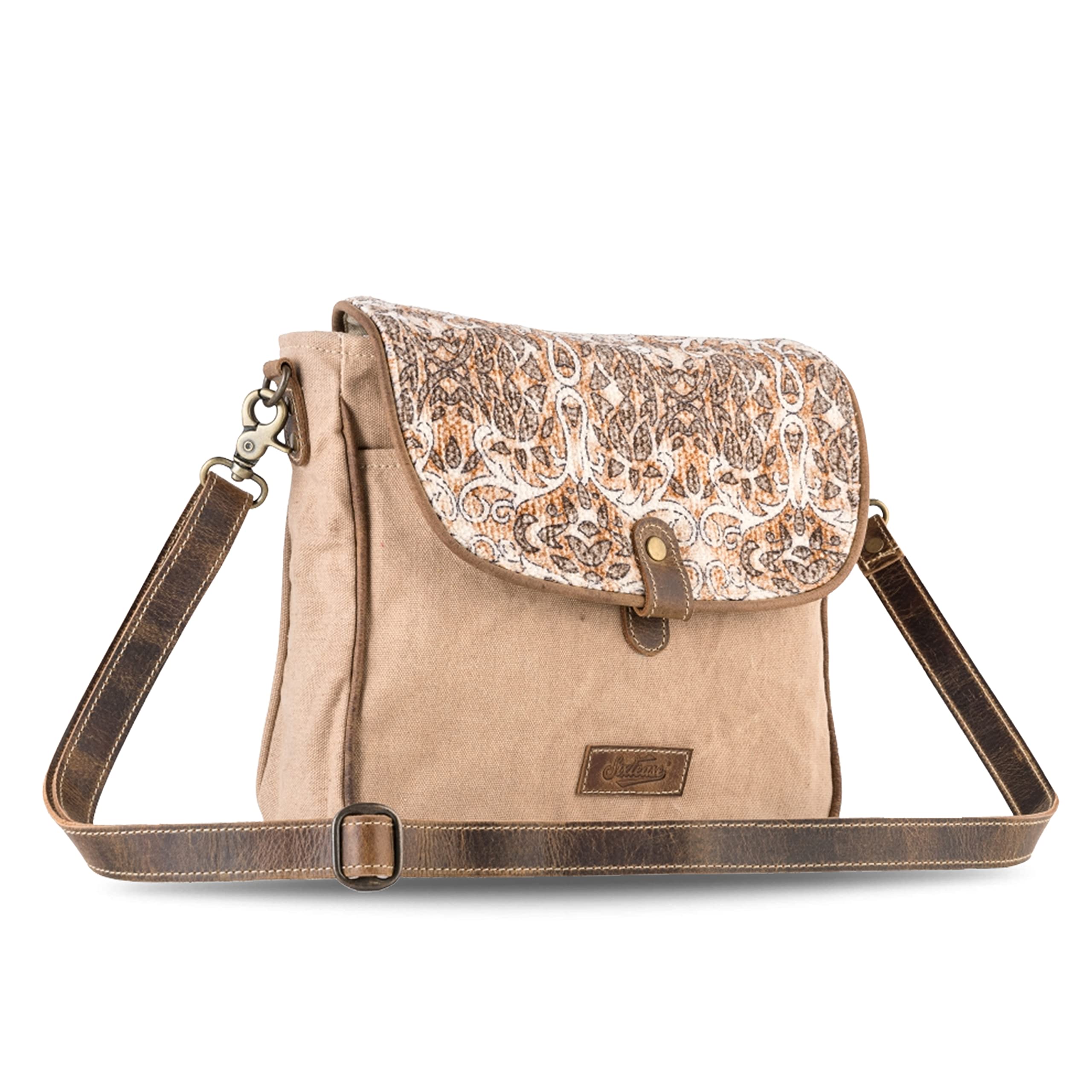 SIXTEASE Crossbody Bag for Women Vintage Style Genuine Leather, Upcycled Canvas, Rug, or Hair On - Cross Body Womens Bags with Inside Zipper Pockets - Tuscan