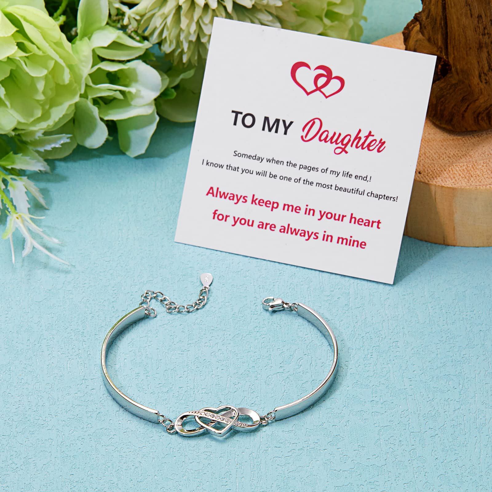 beemean Daughter Infinity Bracelet Infinity Love Heart Bracelet for Daughter-in-Law Bracelet with Inspirational Message Card Adjustable Length Bangle Bracelets(daughter)