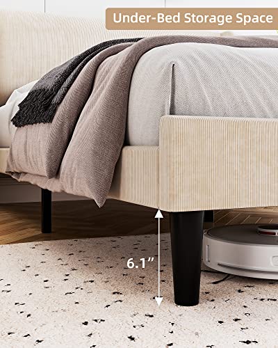 Homhougo Queen Bed Frame, Upholstered Platform Bed with Wingback Headboard, Velvet Upholstered Bed Frame with 2 Storage Pockets, Strong Wooden Slat Support, Easy Assembly, Box Spring Optional, Beige