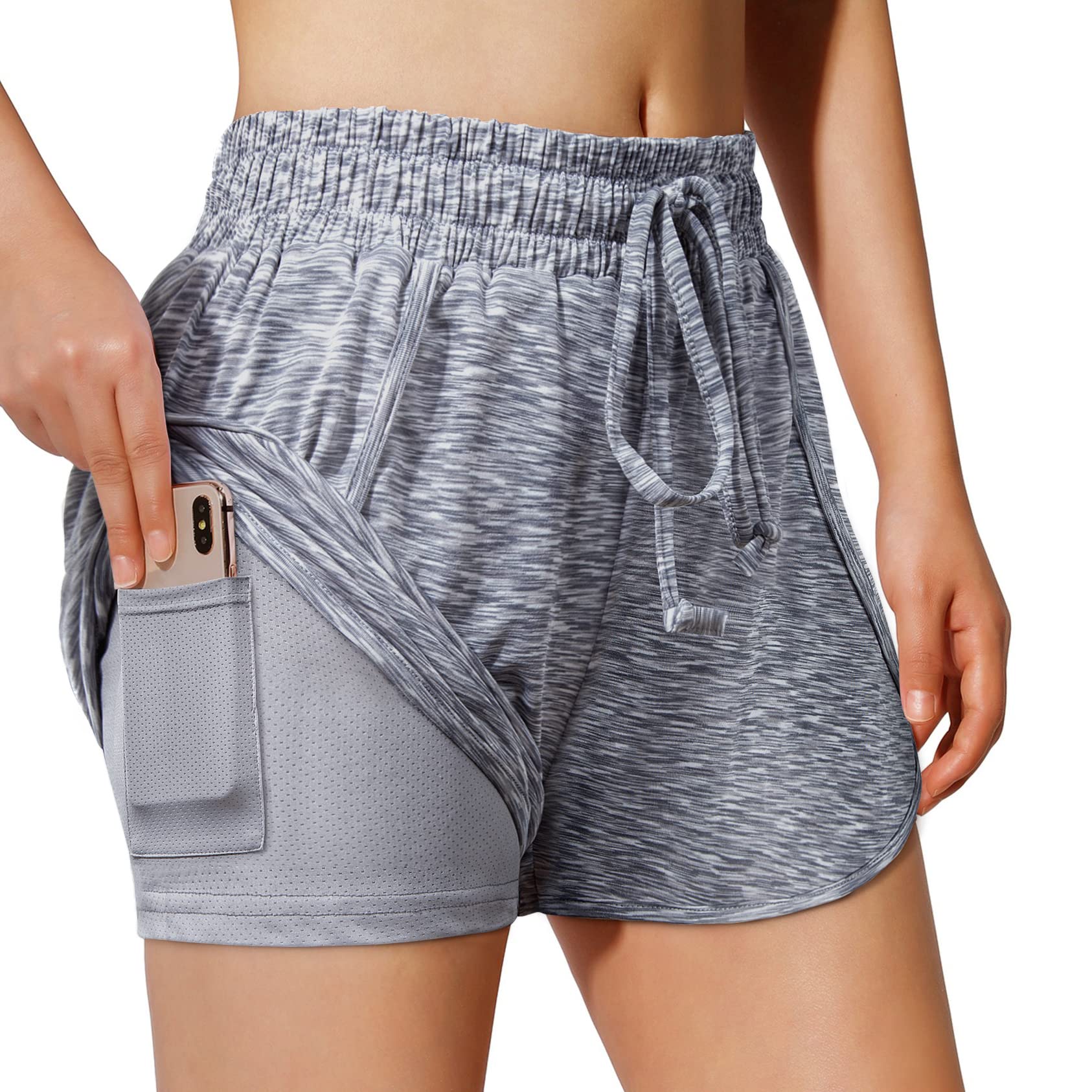 BLEVONH Shorts for Women Athletic,Stretchy Waistband Double Layers Yoga Athletic Short with Pocket Womens Lightweight Plus Sized Quick Dry Pickleball Workout Clothes Gray 2XL