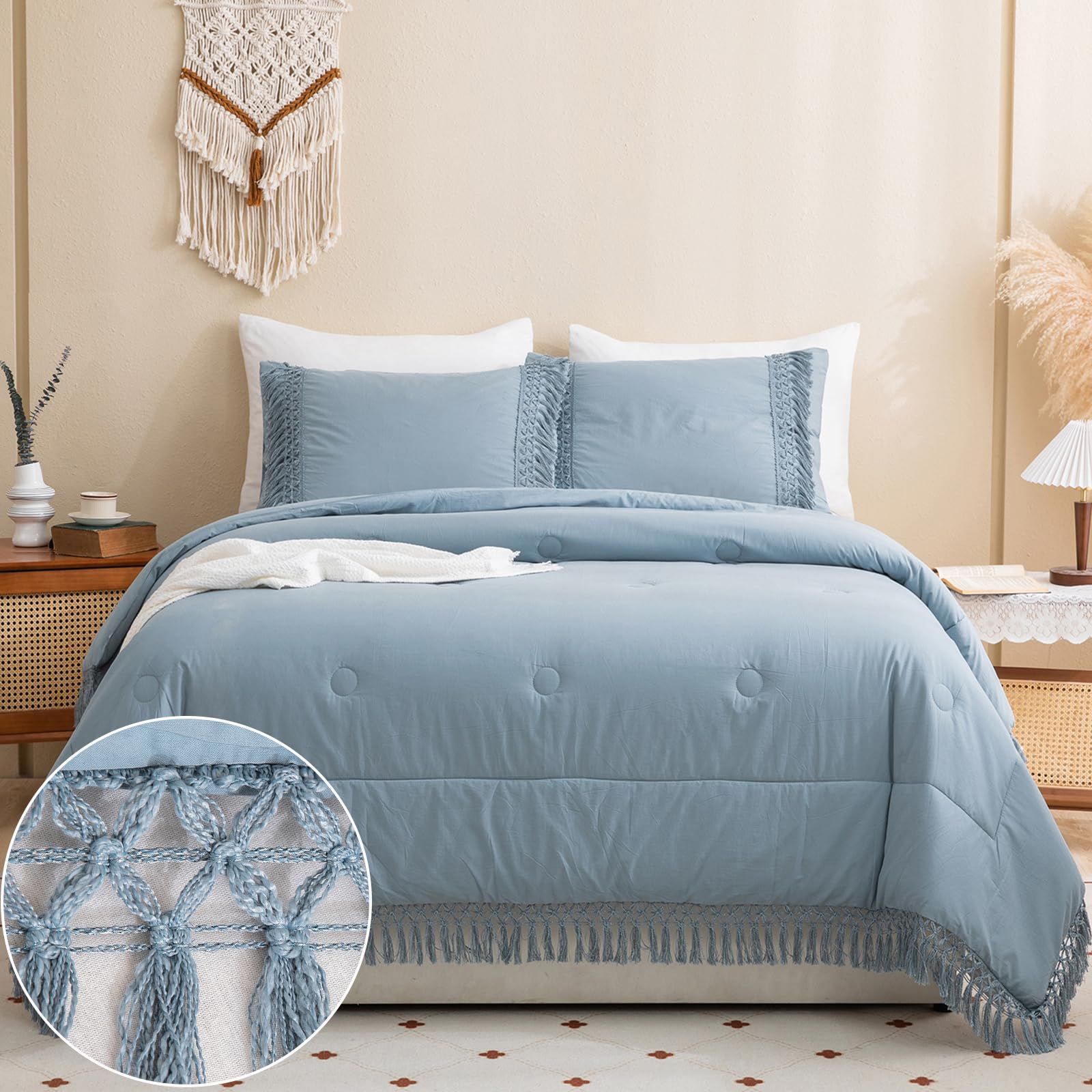 Boho Queen Comforter Farmhouse Comforter Set Shabby Chic Fringe Tufted Tassel Design Linen Like Textured Beding Comforter 1 Bohemian Comforter 2 Pillowcases (Blue, Queen)