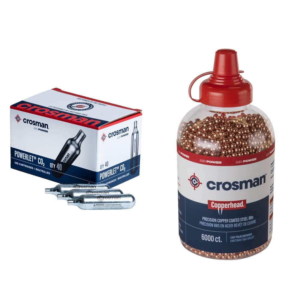 Crosman 12-Gram CO2 Powerlet Cartridges For Use With Air Rifles And Air Pistols, Pack of 40 & Copperhead 4.5mm Copper-Coated BBs (6000-count)