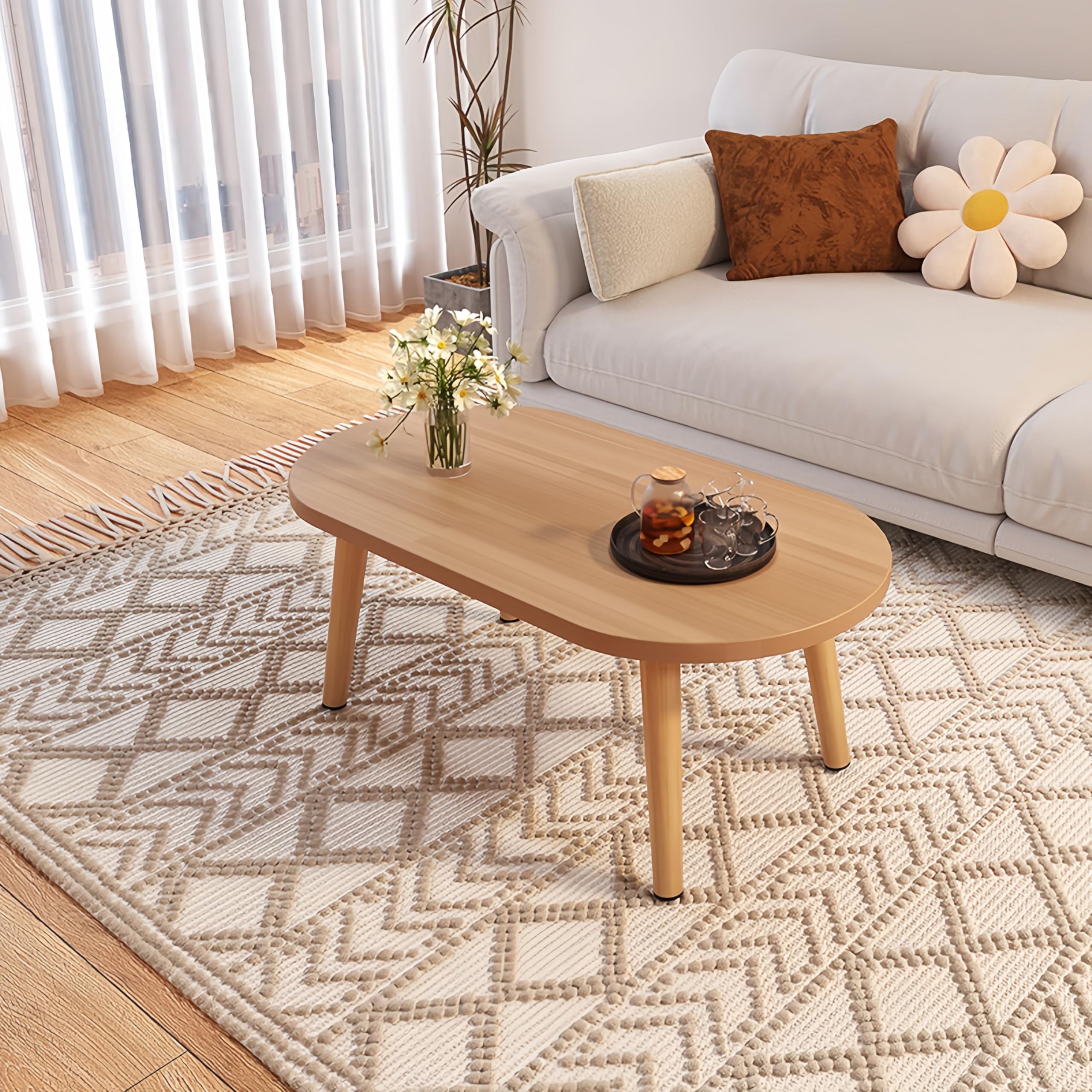 Funecy Small Coffee Table Low Table Solid Wood Sturdy Floor Table Desk for Sitting on The Floor, Storage and Living Room Furniture,Natural Wood,24inch (Round Wood, 24 * 16inch)