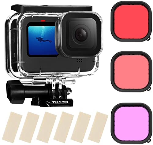 TELESIN Waterproof Case with 3-Pack Dive Filter for GoPro Hero 11 Hero 10 Hero 9 Black Supports 60M/196FT Underwater Scuba Snorkeling Deep Diving with Red Magenta Filter Go Pro