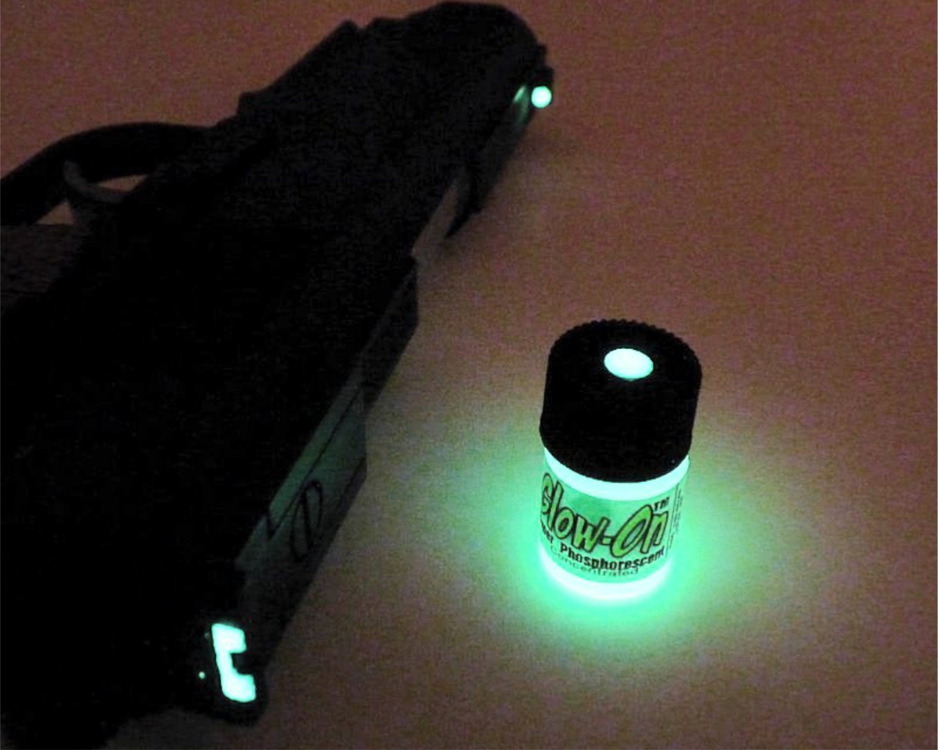 Glow-On Original, Original White Day Color and Green Glow. Gun Night Sights Paint, Small 2.3 ml vial. Concentrated Bright, Long Lasting Glow.