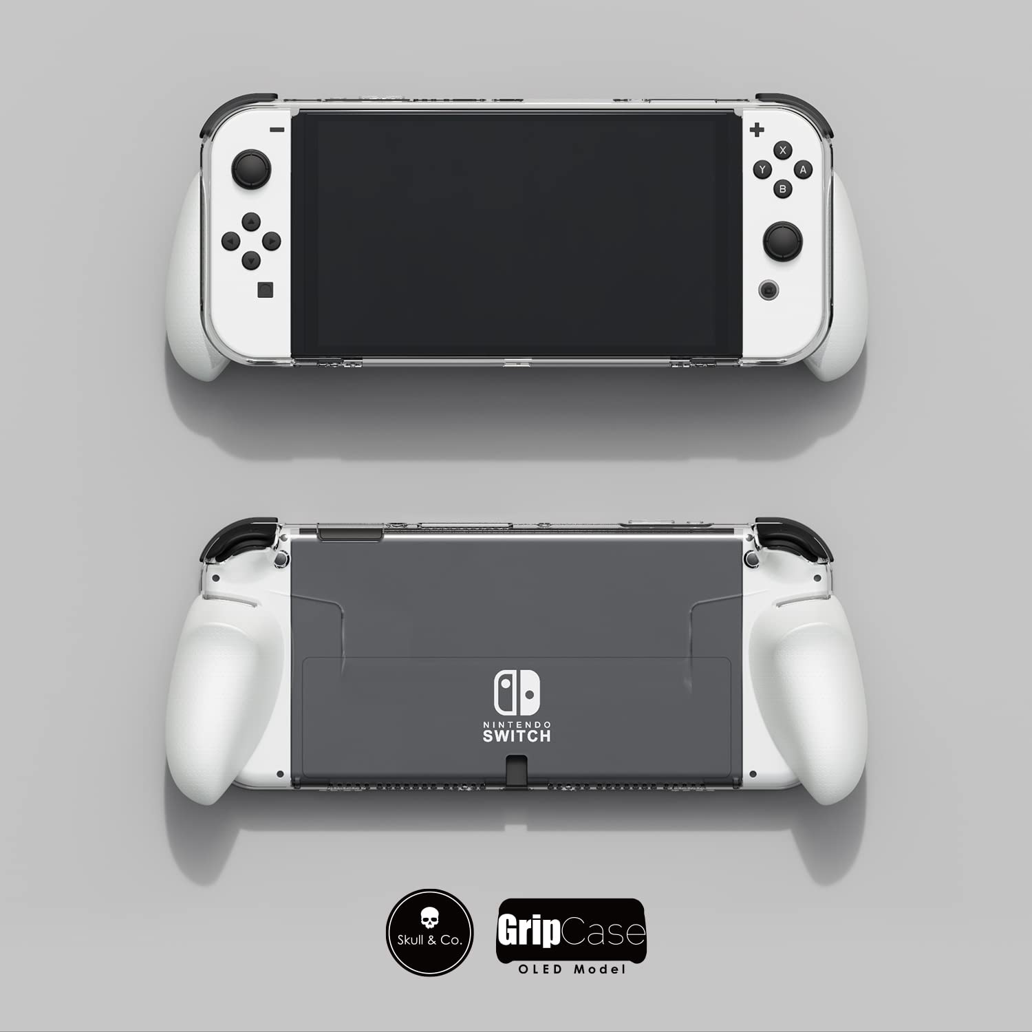 Skull & Co. GripCase OLED Bundle: A Dockable Transparent Protective Case with Replaceable Grips [to fit All Hands Sizes] for Nintendo Switch OLED Model- OLED White