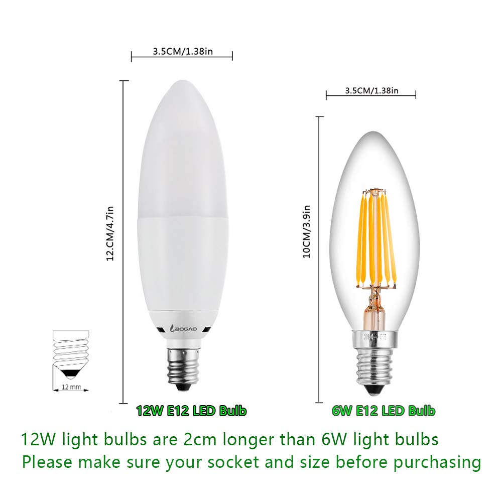 BOGAO LED Candelabra Bulb,12W White 6000K LED Candle Bulbs, 85-100 Watt Light Bulbs Equivalent, E12 Candelabra Base,1200Lumens LED Lights,Torpedo Shape (4 Pack 6000K RB)
