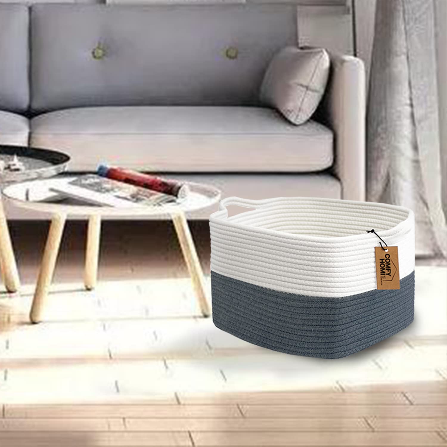 COMFY-HOMI Tall Rope Basket 18X16”(White and Grey)And Square cotton rope basket 13.5X11X9.5” with Handle (White and Dark Grey)