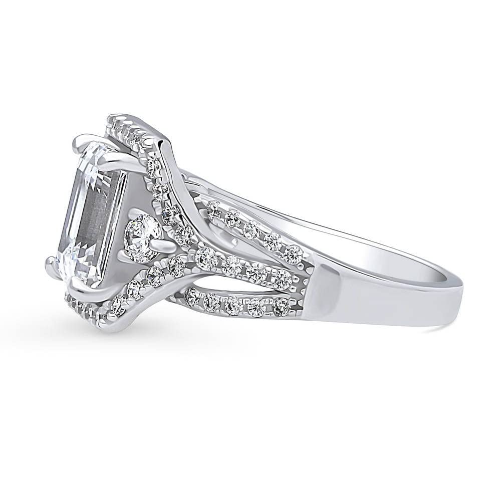 BERRICLE Sterling Silver 3-Stone Emerald Cut Cubic Zirconia CZ Statement Art Deco Cocktail Fashion Split Shank Ring for Women, Rhodium Plated Size 9