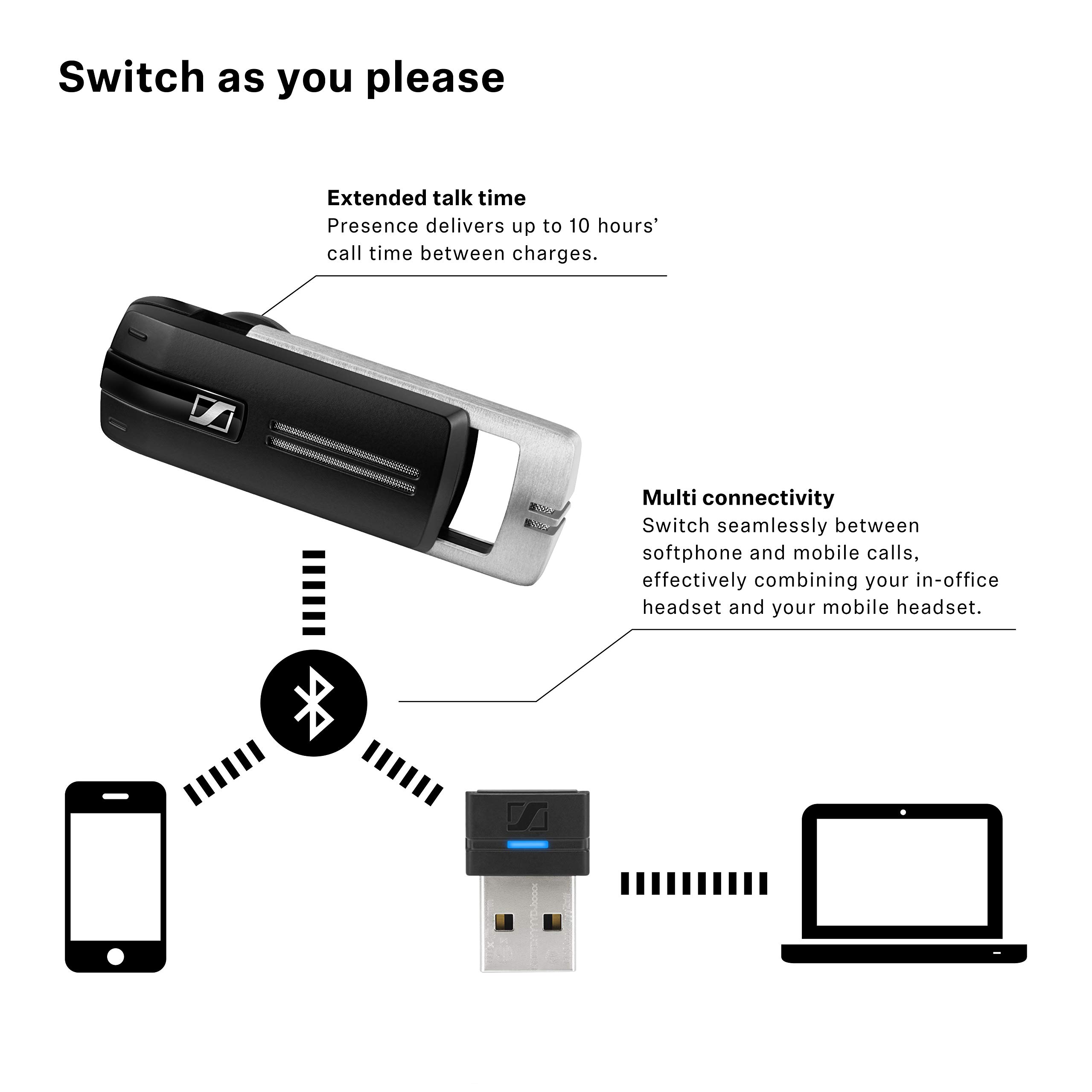 Sennheiser Presence UC (504576) - Dual Connectivity, Single-Sided Bluetooth Headset for Mobile Device & Softphone/PC Connection, with Carrying Case and USB Dongle, Major UC Platform Compatible (Black)