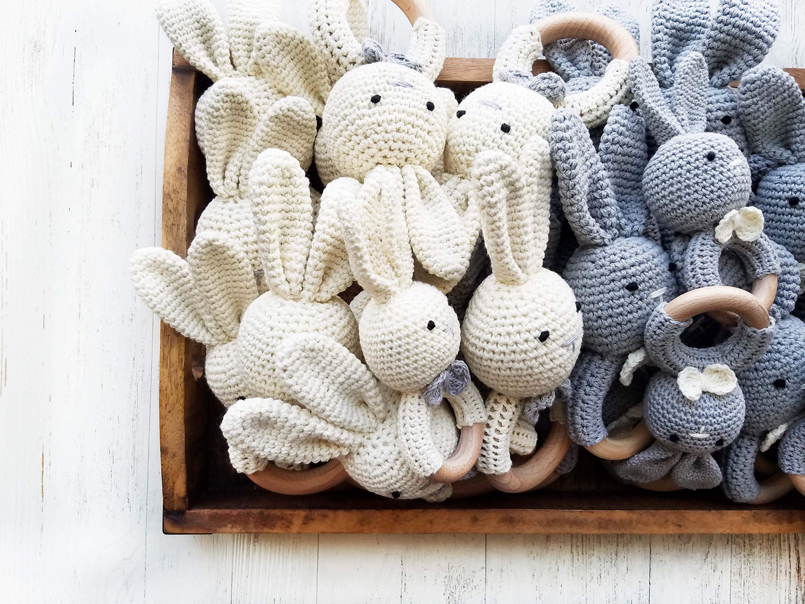 Natural Wooden Baby Toys Cotton Crochet Bunny Teething Ring Teether Rattle Set of 2 Newborn Unisex Baby (Grey Mama White Baby)