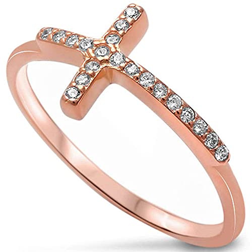 Blue Apple Co. Rose Tone, Simulated Cubic Zirconia Size-8 Half Eternity Sideways Cross Ring Rhodium Plated Round CZ 925 Sterling Silver
