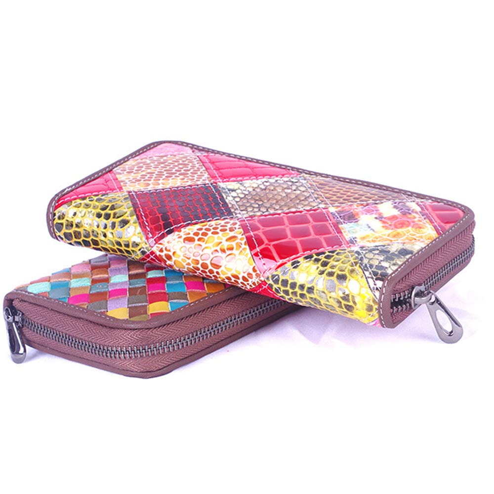 Segater® Women Multicolor Wallets Genuine Leather Colorful Splice Bag Card Holder Organizer Purses Zip Around Phone Clutch Large Long Purse