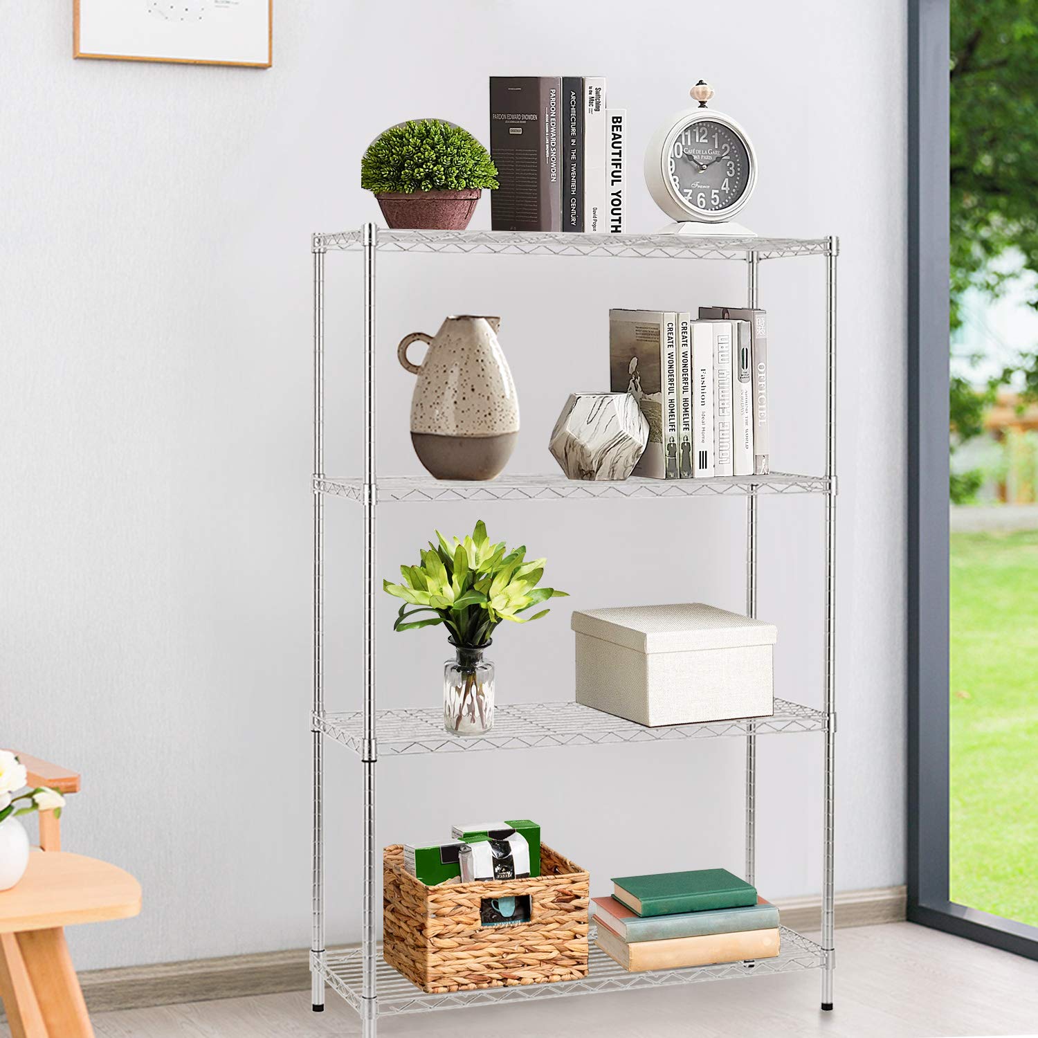FDW 14" D×36" W×54" H Commercial Wire Shelving Unit Metal Shelf with 4 Tier Adjustable Layer Rack Strong Steel for Restaurant Garage Pantry Kitchen Garage,Chrome