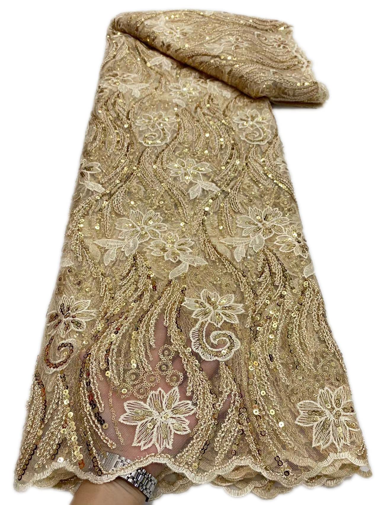 DJBM Glittering African Lace Fabric 5 Yards Gold French Tulle Lace Fabric Nigeria Beads Tube Sequin Lace Net Fabric for Sewing Wedding Party Dress