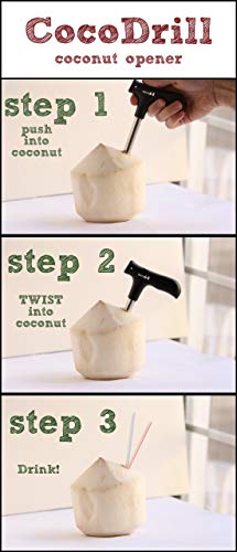 CocoDrill Young Coconut Opening Tool -(Punch Tap) Knife Opener for Raw Coco Water Juice - Makes Straw Hole! (Fresh, Thai, Hawaii)