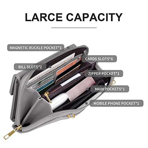Crossbody Cell Phone Bags for Women, Touch Screen Bag RFID Blocking, CellPhone PU Leather Wallet Purse, Shoulder Handbag with Credit Card Slots,Gray