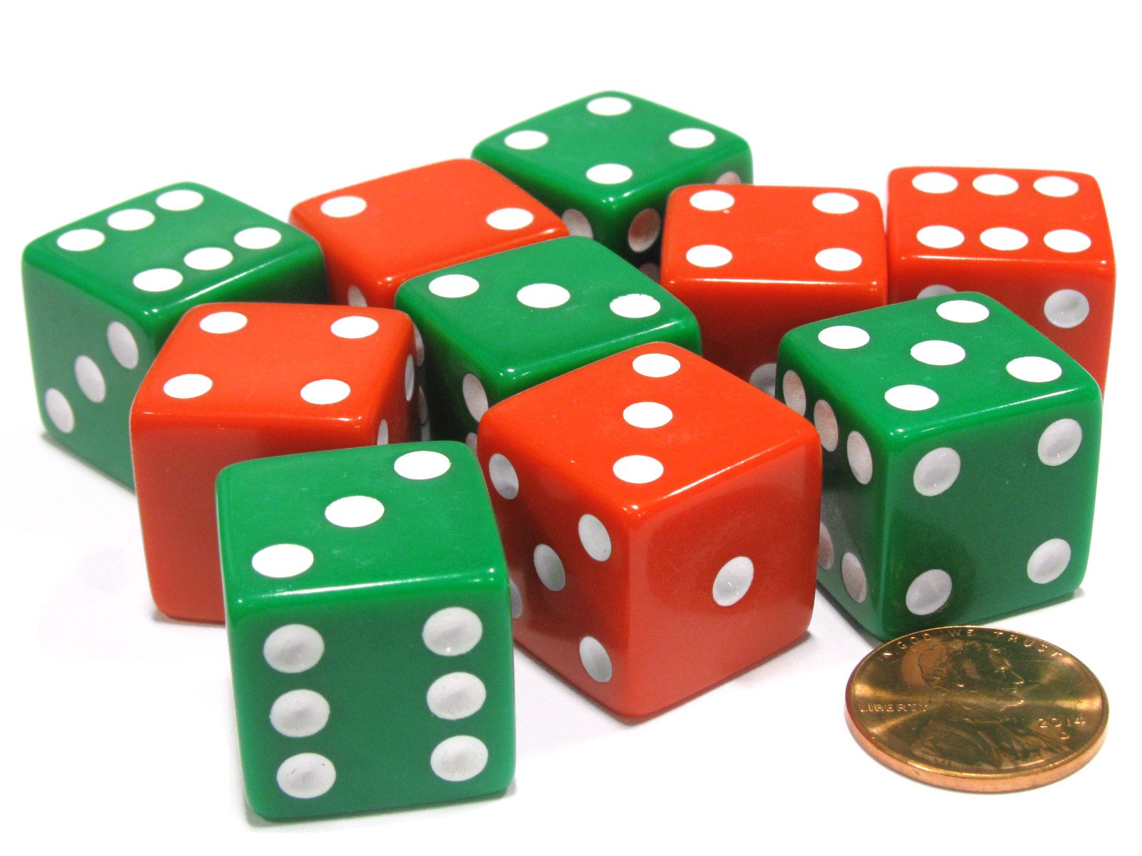 Koplow Games Set of 10 Large Six Sided Opaque 19mm D6 Dice - Christmas Colors 5 Green & 5 Red