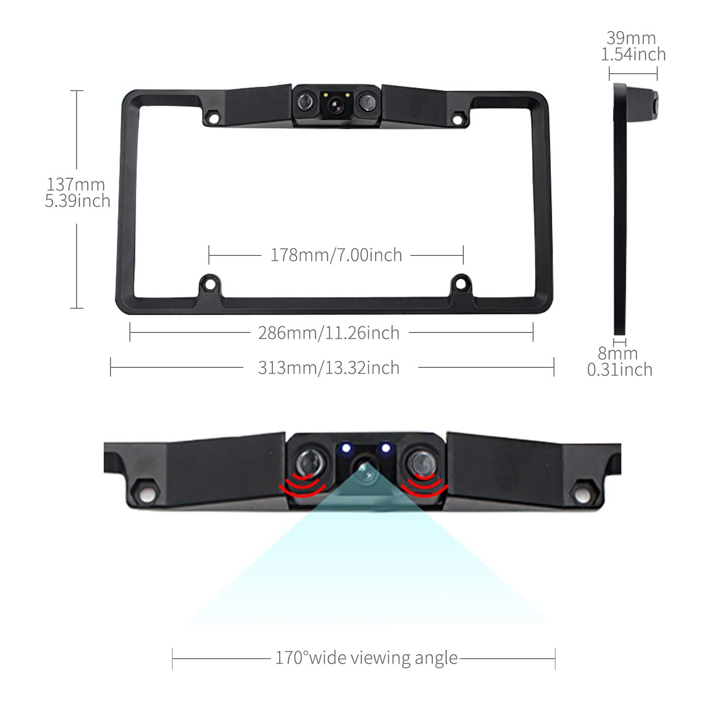 BY-J License Plate Frame with Car Reverse Backup Radar System, Parking Detector Monitor with Radar Sensor, 170 Degrees Night Vision Rear View Backup Camera, Parking Sensor Kit, for Car Pickup SUV