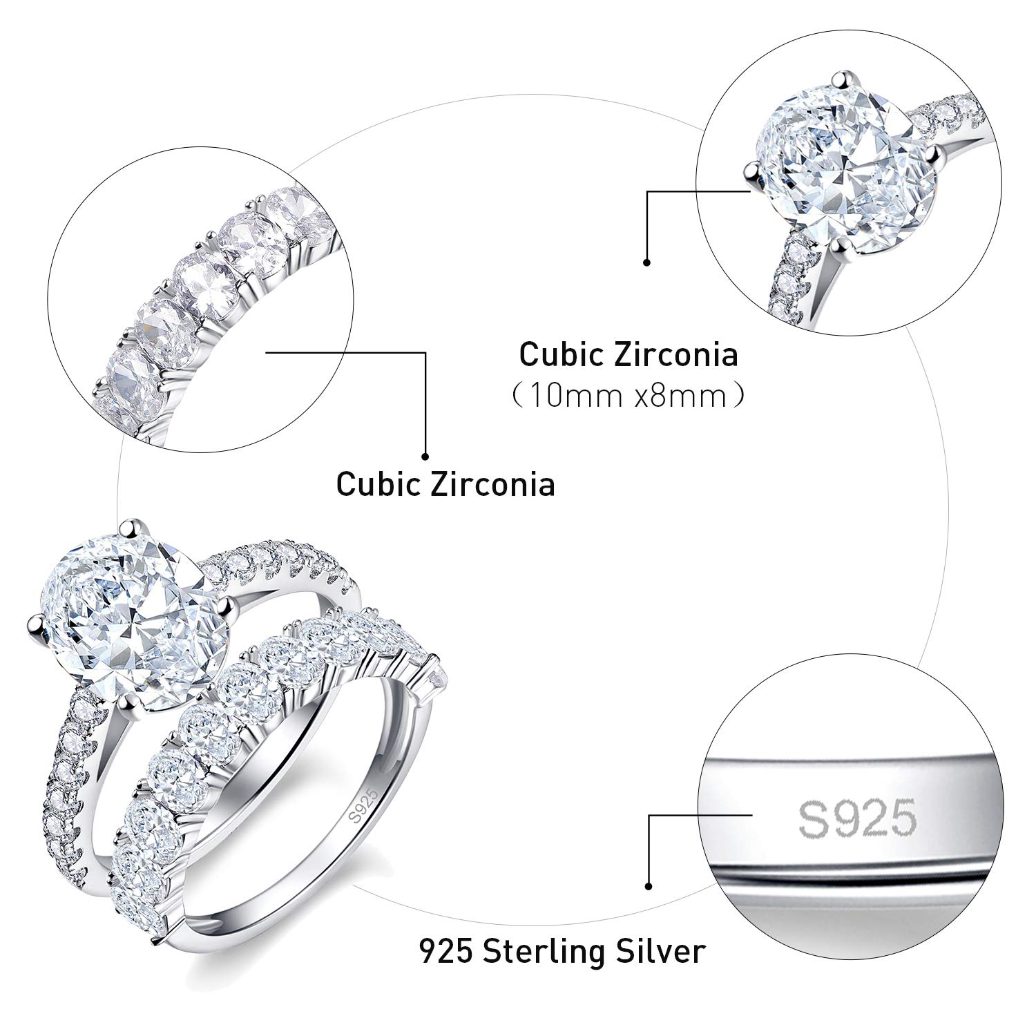 BONLAVIE 925 Sterling Silver Wedding Ring Set for Women 1ct Oval Cut White Cubic Zirconia Bridal Ring Set Wedding Bands Engagement Ring Set Size 10