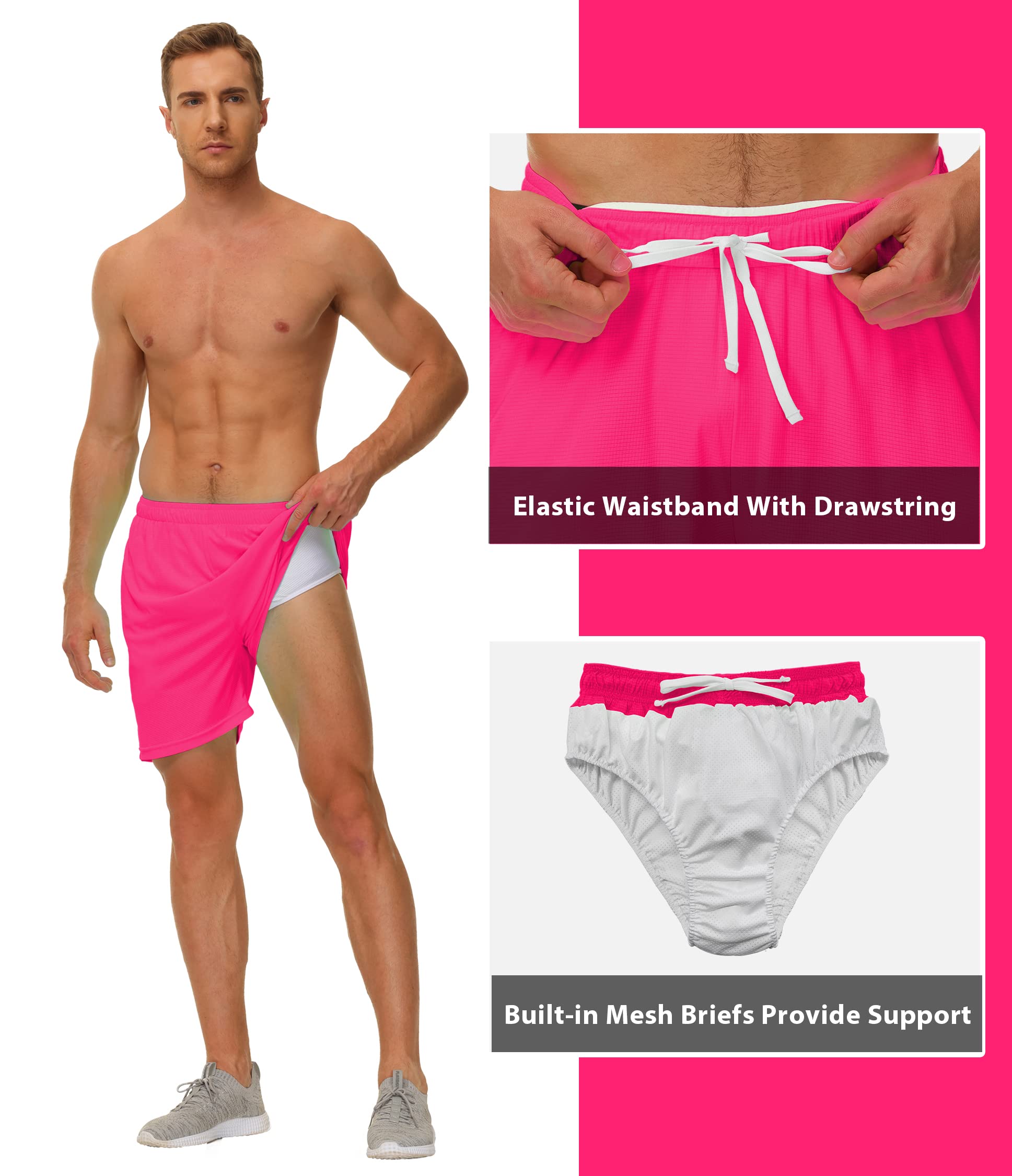 Cakulo Men's 5 Inch Running Tennis Shorts Quick Dry Athletic Workout Active Gym Training Soccer Shorts with Pockets Liner Neon Pink M-1
