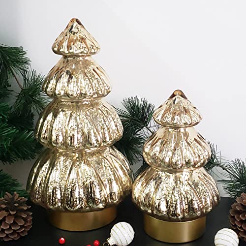 Battery-Operated Mercury Glass Christmas Tree Set, 2 Sizes: D6.1''x11.2''H and D4.9''x7.5''H