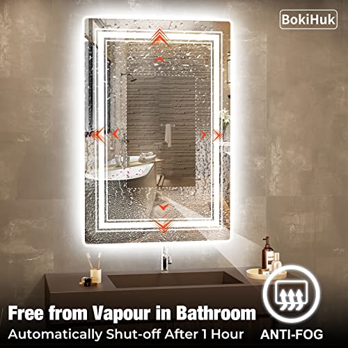 BokiHuk Led Bathroom Mirror with Lights, 40x24 inch Wall Mounted Lighted Vanity Mirror, Makeup Mirror Dimmable Anti-Fog with 3 Colors Light, Waterproof (Backlit & Front-Lighted)