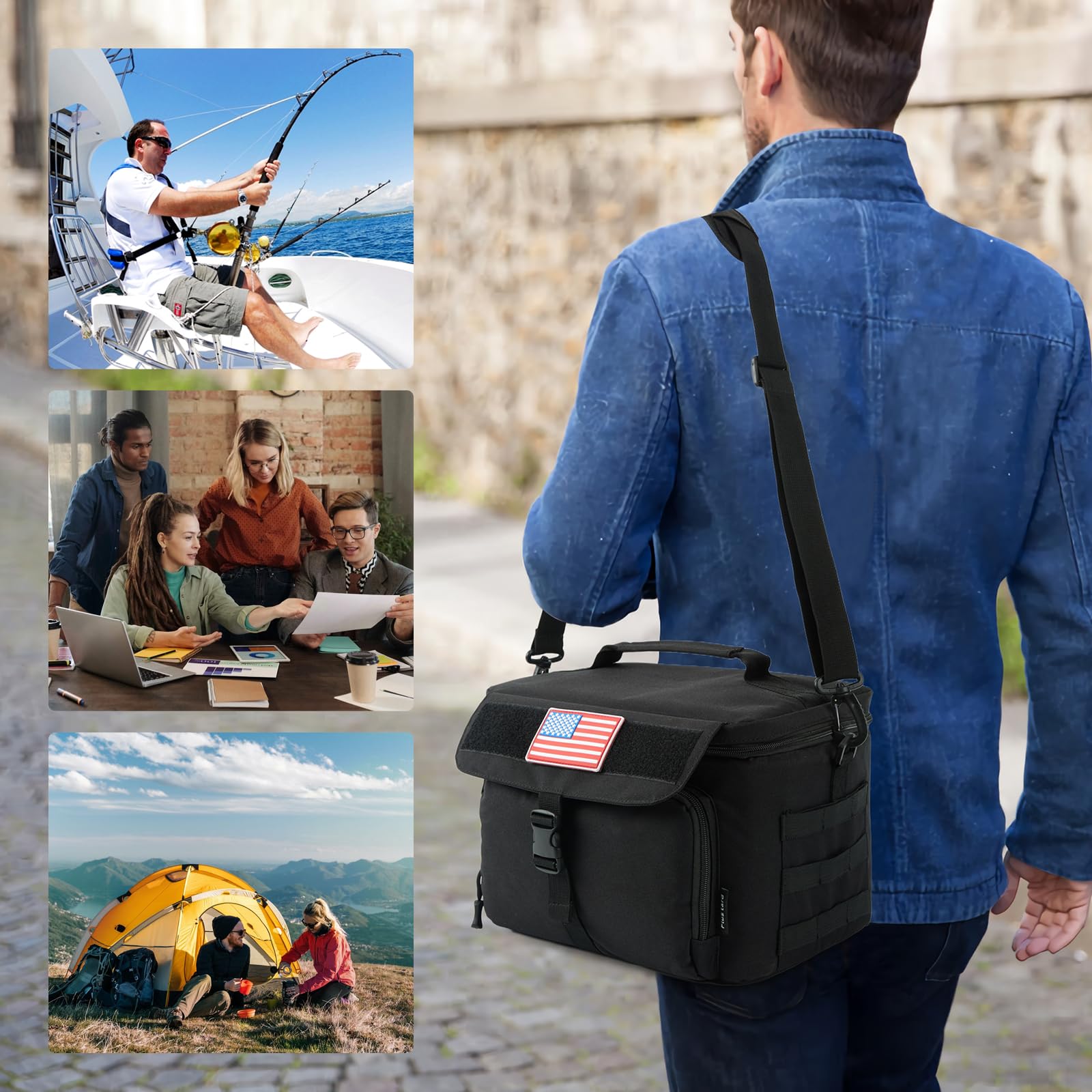 Ronyes Tactical Lunch Box for Men, Large Insulated Lunch Bag with Shoulder Strap,Heavy Duty Lunch Cooler MOLLE Webbing, Leakproof Lunch Pail for Work Camping Fishing-Black