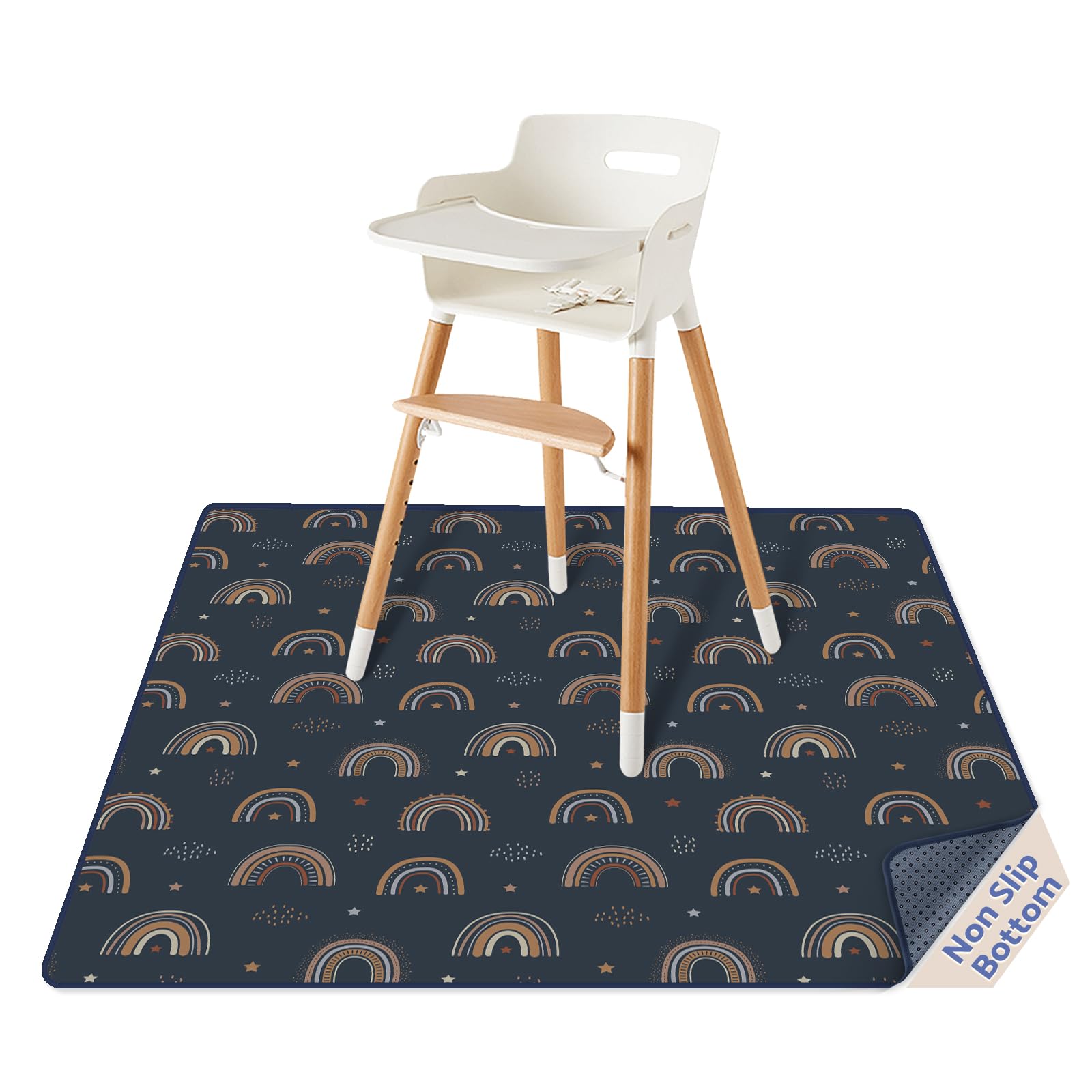 Blissful Diary Baby Splat Mat for Under High Chair, 51 x 51 Inch Splash Mat, Waterproof and Washable Spill Mat, Anti-Slip Floor Protector, Retro Rainbow