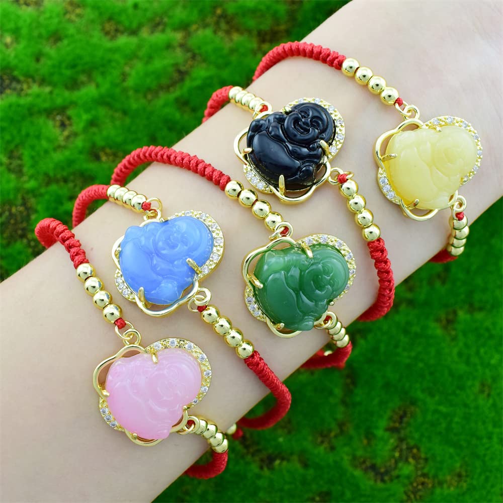 COLORFUL BLING Lucky Laughing Buddha Charm Pendant Charm Bracelet Jade Natural Stone Red Braid String Thread Rope Crystal CZ Zirconia for Women Men Gemstone Amulet Protection Jewelry-Green