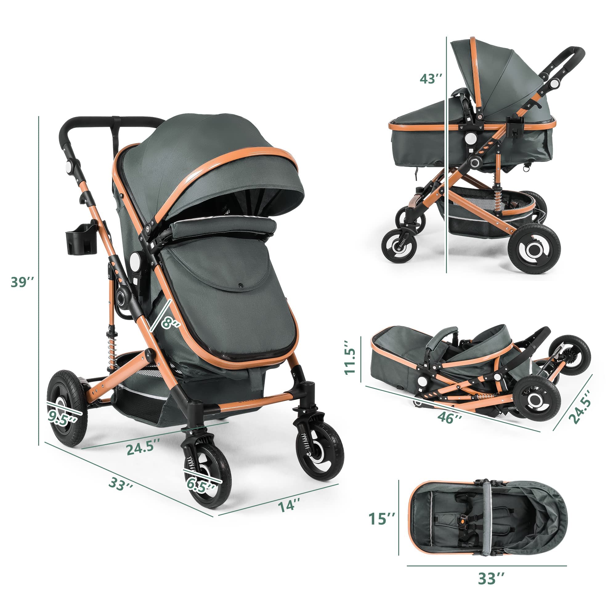 COLOR TREE 2 in 1 Baby Stroller, High Landscape Infant Stroller, Newborn Reversible Bassinet Pram, Foldable Pushchair with Foot Cover, Cup Holder, Net, Safety Wrist Strap (Celadon)