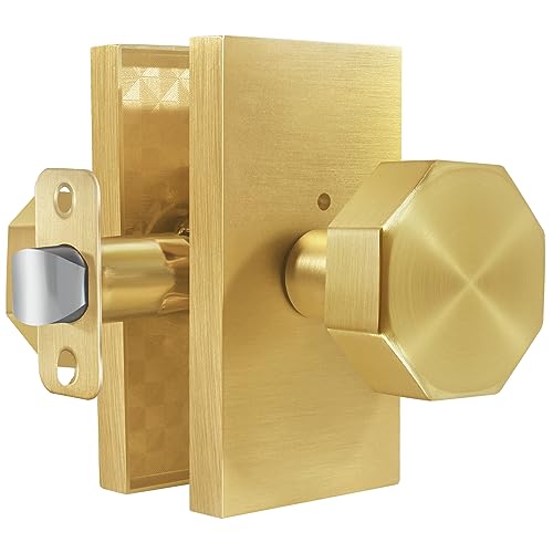 Felibat Privacy Gold Door Knob Interior, Octagonal Satin Brass Door Knobs with Lock, Rectangle Rosette Door Handles