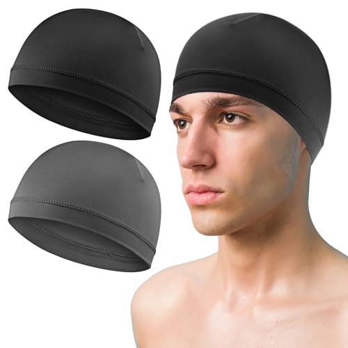 COMNICO 2 Pcs Men Skull Caps, Beanie Multifunctional Sleep Hats Breathable Headwear Sweat Absorbent Liner Cap for Men Women (Black,Dark Grey)