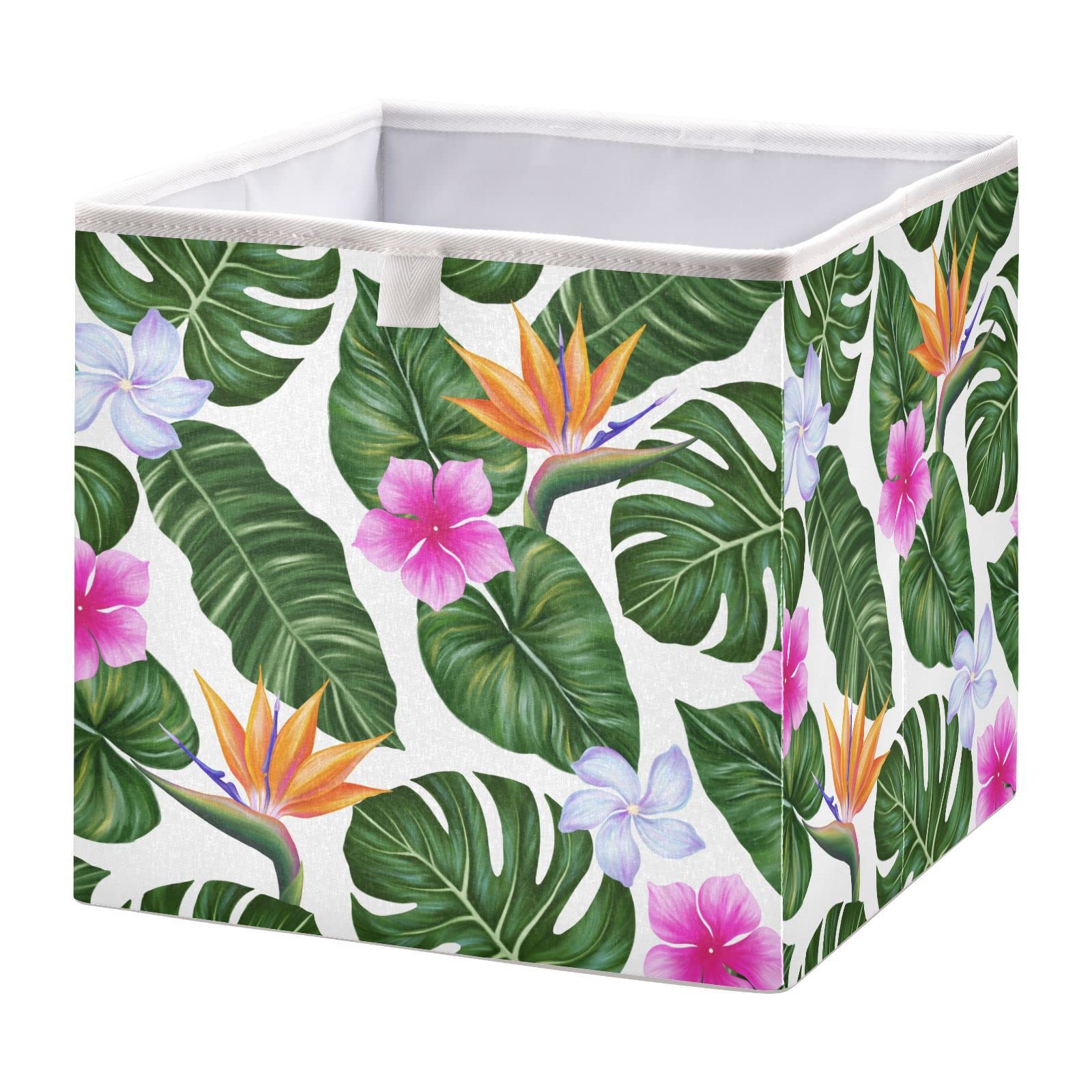 Burbuja Hawaiian Floral Palm Leaf Storage Cubes Fabric Storage Bins Foldable Closet Organizer Basket with Handle, 15.7x10.6x6.7 Inch
