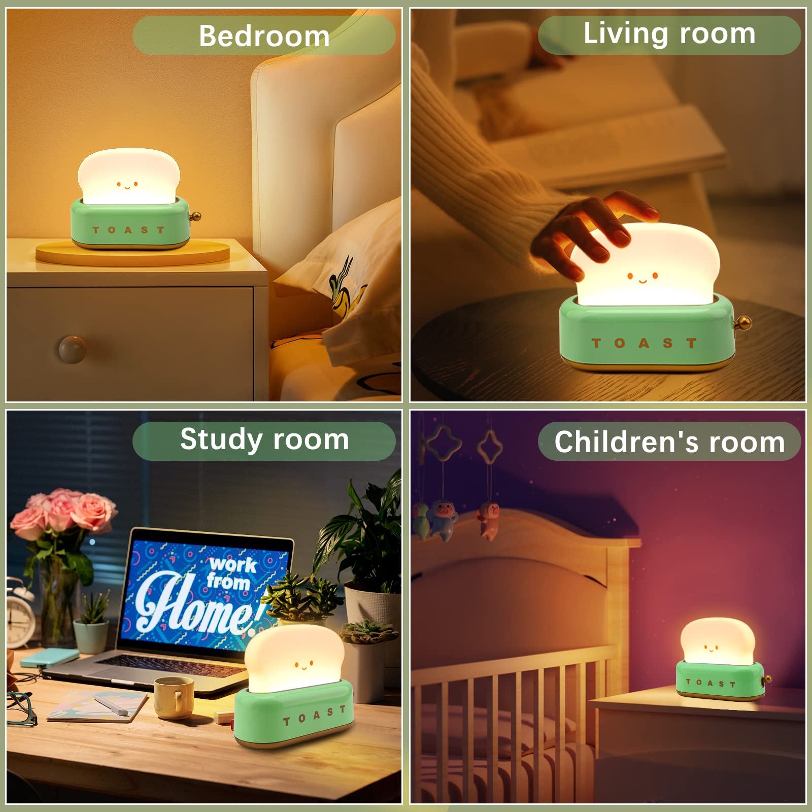 Decor Toaster Night Light Lamp Rechargeable Small Lamps with Smile Face Cute Toast Bread Shape Decor Night Lights for Kids Baby Nursery Green