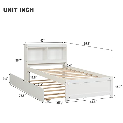 ERDAYE Twin Size Platform Bed Sets with Pull Out Trundle & Bookcase, Solid Wood Bedframe with Storage Shelves for Boys and Girls Bedroom Furniture Daybed, Space Saving Design, Espresso