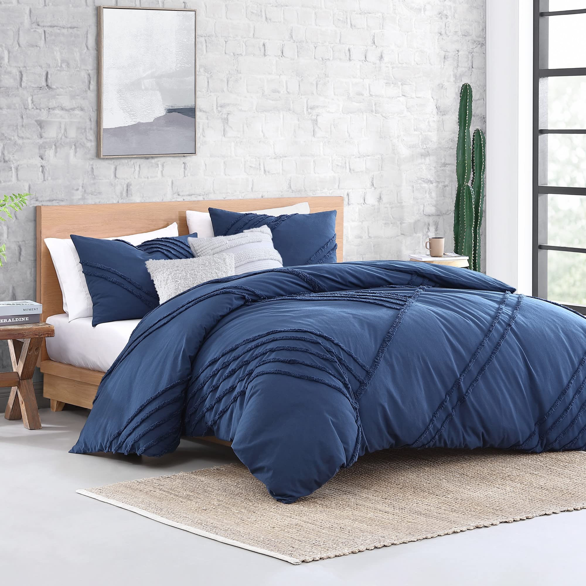DKNY Bedding Chenille Block 3-Piece Cotton Duvet Cover Set, Full/Queen, Denim Blue