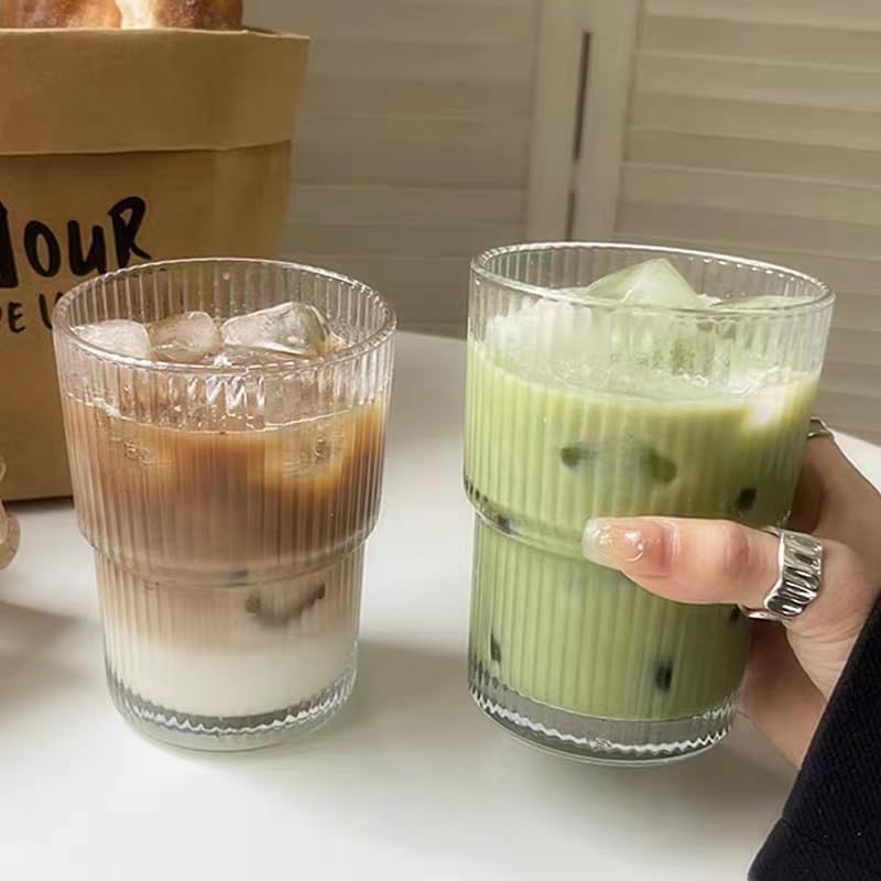 QWEZXO 13OZ/400ML Ice Coffee Glass Tumbler, Thick Wall Water Glass Cup Mug Tea with Straw and Lid Sealed Carry On (Clear)