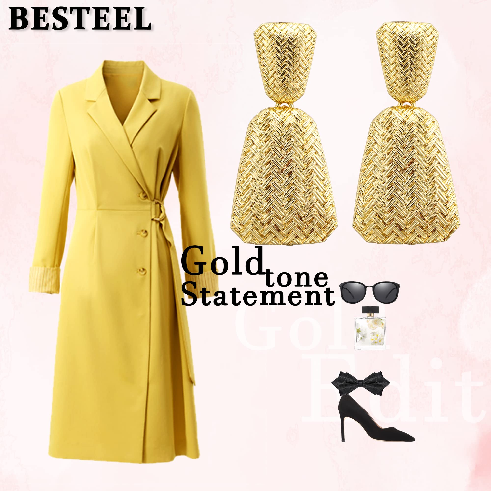 BESTEEL 9 Pairs Gold Statement Drop Earrings for Women Geometric Dangle Earrings Large Metal Rectangle Earrings Set